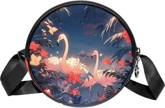 Generic Sac &agrave; bandouli&egrave;re rond pour femme, motif flamants roses, petit sac &agrave; bandouli&egrave;re avec fermeture &eacute;clair, bretelles r&eacute;glables, sac &agrave; main rond d&eacute;contrac