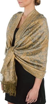 Sakkas 178cm x 71cm Double épaisseur Jacquard Cachemire Viscose Pashmina Châle/Echarpe/Etole - Gris/Champagne