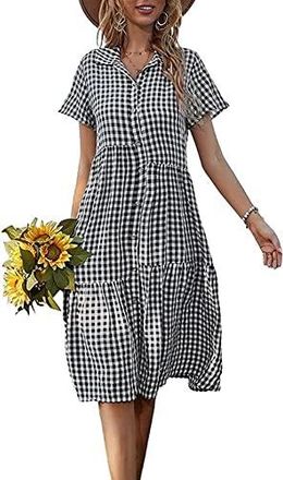 Lazutom Robe de plage dété pour femme - Robe midi longue vichy boutonnée, Noir, 8