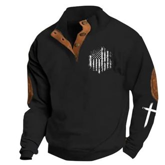 Generic Pull Vintage Homme Drapeau Am&eacute;ricain Croix Chr&eacute;tienne - Col Henley Boutonn&eacute; Patch Coude Renforc&eacute; Manches Longues, Sweatshirt Graphique Unique pour Sty