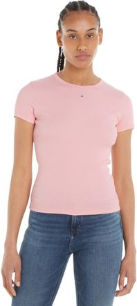 Tommy Jeans Damen T-Shirt Kurzarm Slim Essential Rib Rundhalsausschnitt, Rosa (Ballet Pink), L