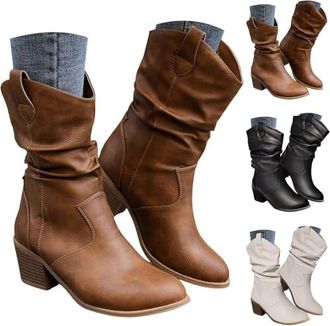 Generic Bottes de cowboy pour femme, bottes de cowgirl, bottines occidentales en cuir synthétique, bottines de cowboy mi-mollet pour femme avec talon bas et é