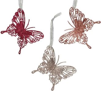 Decoris Christbaumschmuck Kunststoff 8cm x 3 St&uuml;ck Sortiert Glitzer Schmetterlinge bruchsicher rosa Mix