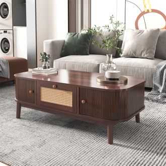 Generic Schlichter moderner Couchtisch Multifunktionaler Esstisch mit Latten und Beinen aus Massivholz, Rattan Sofatisch mit Schubladen und Schiebet&uuml;ren, 110 