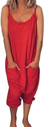 ORANDESIGNE Combinaison Femme Couleur Unie Salopette Longue Été sans Manches Grande Taille Pantalon Sarouel Baggy Longue Jumpsuit Romper B Rouge XXL