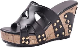 Generic Sandales compensées confortables à plateforme pour femme, sandales à talons hauts cloutées en cuir vegan (Black,37)