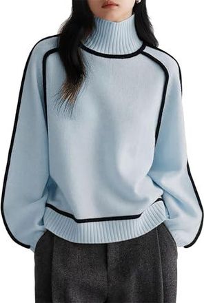 Generic Pull &agrave; col roul&eacute; surdimensionn&eacute; confortable en tricot avec bordure contrast&eacute;e pour lhiver, pull basique tendance pour lautomne, bleu clair, XXL