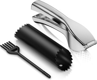 Arendo Edelstahl Knoblauchpresse Ingwerpresse - Zinklegierung - leicht zu greifen, große Hebelwirkung - inkl. Knoblauchschäler und Reinigungsbürste - für Kno