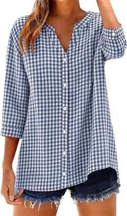 Generic Chemises boutonn&eacute;es en coton &agrave; manches 3/4 pour femmes, haut ray&eacute; vichy &agrave; carreaux et col en V, chemisier ample d&eacute;contract&eacute; d&eacute;t&eacute; &agrave; carreaux, bleu mari
