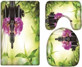 A.Monamour Badezimmer Badematte 3 Teilig Set Yoga Meditation Zen Grünpflanzen Orchidee Blume Felsen Steine Wasser Natürlichen Flanell Saugfähig Badteppiche Badvo