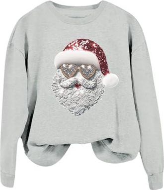 Generico Pull de Noël pour femme, t-shirt à manches longues, col rond, bonnet de Noël, pull imprimé Père Noël pour femmes et adolescentes, gris, XXL