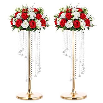 Nuptio Nuptio Centres Table Mariage Vases Or - 2 Pi&egrave;ces 70cm Haut Vase &Agrave; Fleurs Cristal Support Fleurs M&eacute;tal pour Les D&eacute;corations Tables F&ecirc;te