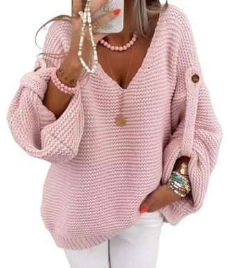 Onsoyours Pull Femme Hiver Col en V Bureau Tricot Pullover &Eacute;l&eacute;gant L&acirc;che Bouton &Agrave; Manches Longues Shirt Chandails Sweater &Eacute;pais Hauts D&eacute;contract&eacute;e Chaud Tops A 