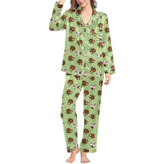 Generic Ensemble de pyjama de Noël 2 pièces en satin de soie pour femme - Imprimé graphique amusant - Haut à manches longues boutonné et pantalon doux, Q Rose