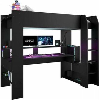 Parisot Lit mezzanine combiné enfant led Gamer online - 90 x 200 cm - Noir mat - Sommier inclus Parisot