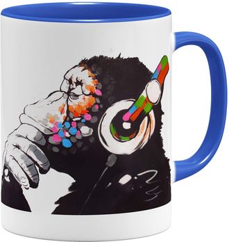 OM3 Monkey Ape Affee Music Banksy Tasse - Keramik Becher - 11oz 325ml - Beidseitig Bedruckt - Blau