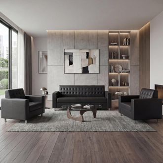 Mendler 3-1-1 Sofagarnitur Kunda, Couch Loungesofa Kunstleder, Metall-F&uuml;&szlig;e - schwarz