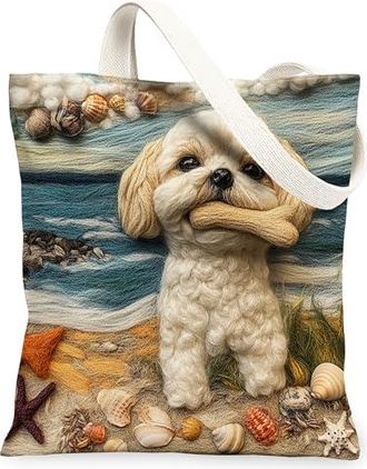 Generic Sac fourre-tout amusant en toile motif chien Shih Tzu pour faire du shopping 33 x 38,1 cm, sac &agrave; bandouli&egrave;re r&eacute;utilisable pour femme, peinture danimau