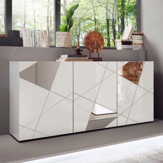 Homemania Moderne Hochglanz-Kommode wei&szlig; 181cm 3 T&uuml;ren Spiegel Vittoria WH S