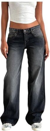 Generic Jean baggy Y2K pour femme - Taille basse - Coupe droite - Avec poches - Pantalon boyfriend - Streetwear - Taille basse - Pour femme, gris, M
