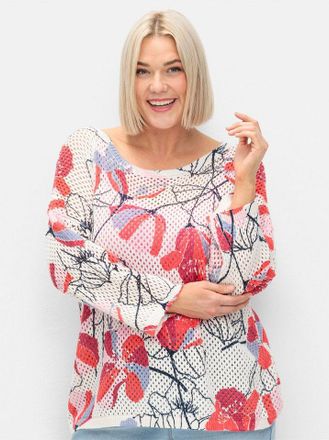 Sheego Strickpullover Pullover 3/4-Arm im Ajourstrick, mit Blumenmuster