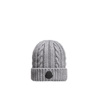 Moncler Moncler Bonnet En Laine Avec Logo En Cuir, Homme, Gris, Taille: Uni