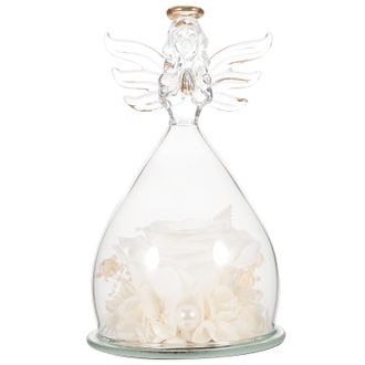 NUOBESTY Langlebige Rose mit Glasabdeckung Wei&szlig; Konservierte Rosenkuppel mit Engelsfigur Langlebige Innendekoration f&uuml;r Zuhause und B&uuml;ro