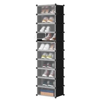 Woltu DIY Meuble &agrave; Chaussures en Plastique Faite de modules avec Porte,47x37x170cm (LxPxH),10 Cubes Noir