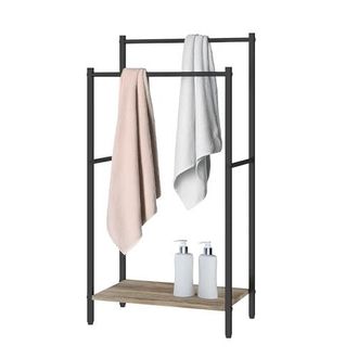 Relaxdays Handtuchst&auml;nder mit Ablage, HxBxT: 81,5x42x24 cm, Holzoptik, 2 Stangen, Handtuchhalter stehend, Natur/schwarz