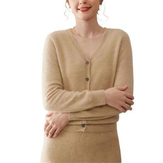 Generic Pull en cachemire doux &agrave; col en V pour femme - Cardigan en tricot - 100 % cachemire, Velours vert, XS