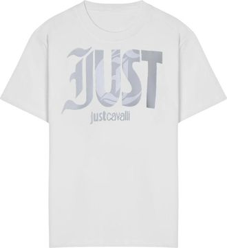 Just Cavalli Homme, Tops, Blanc, Taille: 2XL T-shirt en coton avec logo imprim&eacute;
