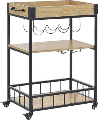 Beliani Servierwagen Heller Holzfarbton Metall schwarz mit Weinregal Glashalter Hullet