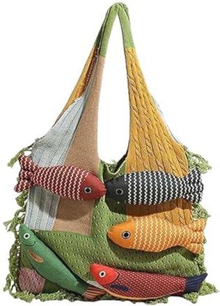 Generic 3D Fish Knitted Tote Bag,Cute Cartoon Fish Patchwork Shoulder Bags,Large Capacity Bohemian Hobo Handbag for Travel Vacation (F)