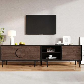 Generic Niedriger TV-St&auml;nder 180 cm dunkelnussfarben - 2 geschlossene F&auml;cher und offene Regale - bis 80 - N&uuml;chternes Design f&uuml;r Wohnzimmer - Ma&szlig;e L180 x P35 x