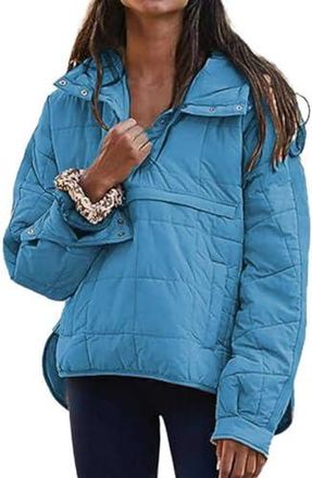 Generic Manteau surdimensionn&eacute; l&eacute;ger &agrave; capuche en coton pour femme, veste de loisirs confortable et coupe-vent, bleu, XXL