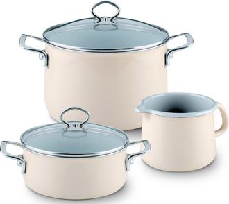 Riess 0520-011, Starter-Set 3-teilig, NOUVELLE, AVORIO EXTRA STARK, bestehend aus: Fleischtopf 20 cm, Kasserolle 16 cm, Schnabeltopf 12 cm, Emaille, Topfset