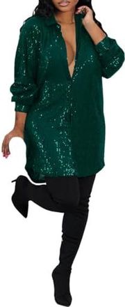 Generic Robe chemise ample &agrave; paillettes pour femme Printemps/Hiver Robe courte de demoiselle dhonneur Grande taille, Vert, XXL