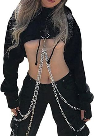 ORANDESIGNE Sweat Courts pour Femme Sweats Ultra Courte à Manches Longues Col Rond Chemises Couleur Unie Haut Court Clubwear Streetwear Y2K E Noir S