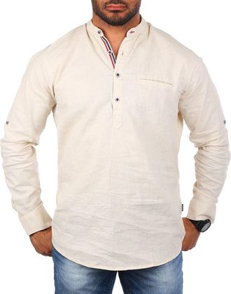 Carisma Herren Stehkragen Tunika Hemd Langarm Baumwoll Leinen Mix Uni körperbetont legere 8443, Grösse:XXL, Farbe:Beige