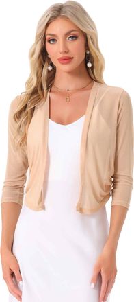 Allegra K Damen Bolero Festlich Achselzucken, 3/4-&Auml;rmel, Vorne Offener, Durchsichtiger Netzstoff Cardigan Khaki XS