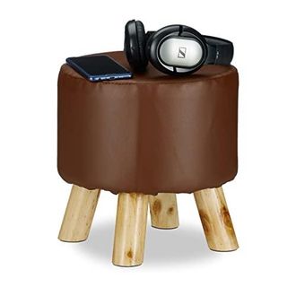 Relaxdays Hocker Kunstleder, gepolstert, 4 Holzbeine, Flacher Fu&szlig;hocker, runder Dekohocker, H x D: 30 x 30 cm, braun