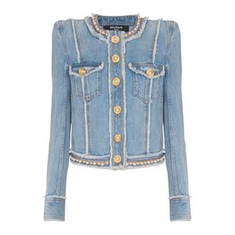 Balmain Femme, Vestes, Bleu, Taille: 36 FR Ef0Sk81075Df Veste en jean avec garniture de perles