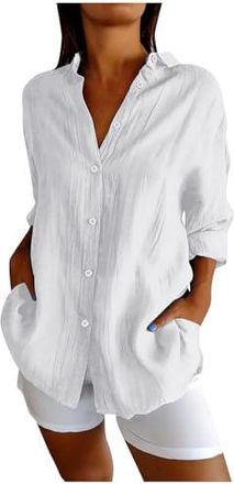 Generic Chemise &agrave; manches longues en lin pour femme tendance d&eacute;t&eacute; &agrave; revers boutonn&eacute; 2025 chemisiers classiques en coton et lin coupe ample tenues de gaze pour