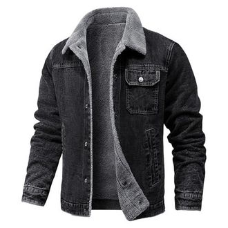 Generic Veste noire pour homme, manteau en jean doubl&eacute; polaire, coupe slim, style d&eacute;contract&eacute;, fermeture boutonn&eacute;e, v&ecirc;tement dhiver, noir, taille XL