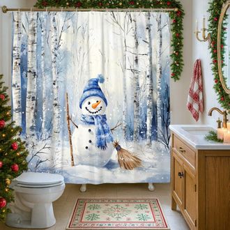Generic Duschvorhang mit Schneemann-Motiv, Fantasievolle Birkenbäume, Schneeflocken, Winter, blau, waschbar, mit Haken, Klauenfuß, Badewanne, Duschvorhänge fü