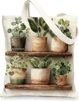 Generic Sacs fourre-tout en toile botanique, sacs dépicerie réutilisables, respectueux de lenvironnement, légers et lavables, bandoulière C, beige, 13x15 Inch