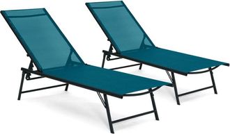 IDMarket Lot de 2 transats de jardin inclinables KAILUA en acier gris anthracite et toile bleu canard