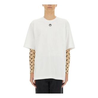 Marine Serre Homme, Tops, Blanc, Taille: L Moon Logo Jersey Loose Fit T-Shirt
