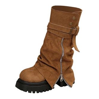 Generic Bottes mi-mollet pour femme avec bout rond et talon &eacute;pais style r&eacute;tro &agrave; boucle surdimensionn&eacute;e et plis &eacute;l&eacute;gants pour un dhiver tendance (Brown, 38)