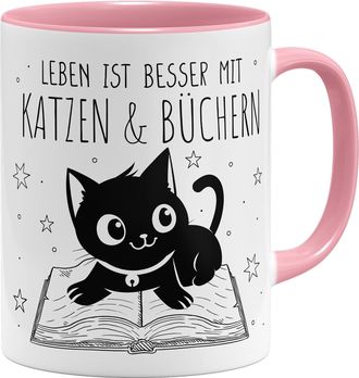 OM3 witzige Kaffee-Tasse mit Spruch - Leben ist besser mit Katzen & B&uuml;chern - Leseratten & Katzenfans - Keramik Becher - 325ml - Beidseitig Bedruckt - Ros